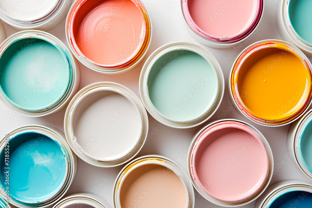 Capture a top view of open paint cans in neutral colors on a light ...