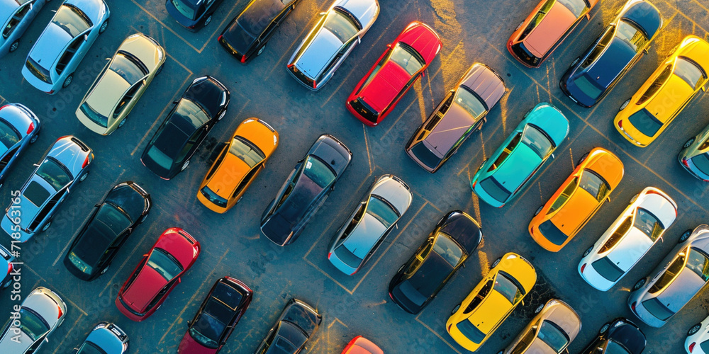 Top aerial view of many different cars standing in rows in parking lot ...