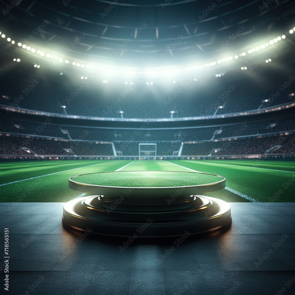 podium in the center of a stadium, surrounded by rows of empty seats ...