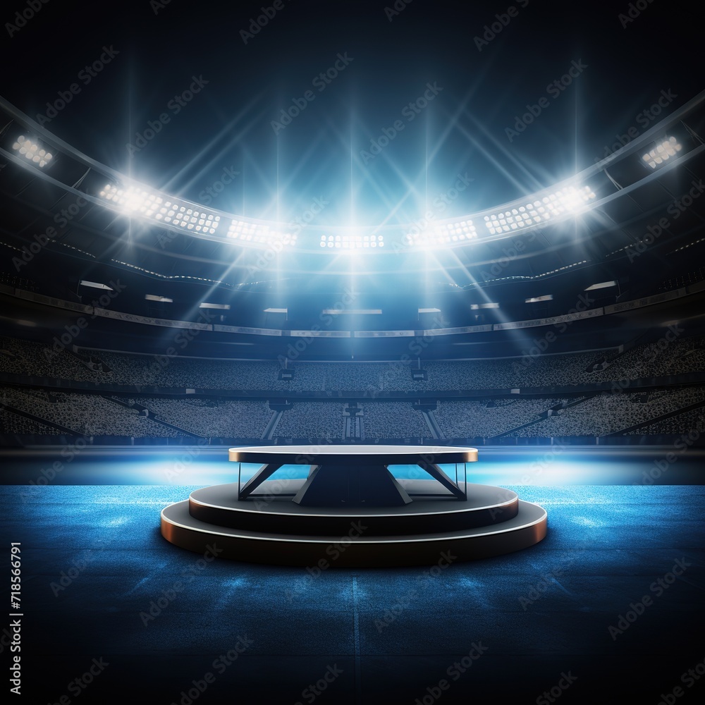 podium in the center of a stadium, surrounded by rows of empty seats ...