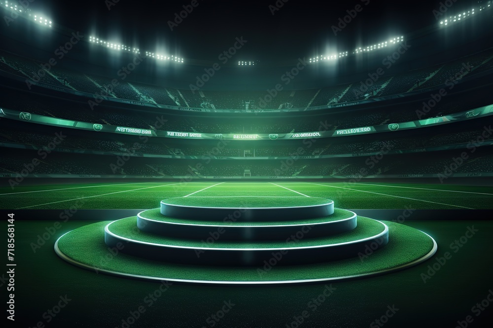 podium in the center of a stadium, surrounded by rows of empty seats ...