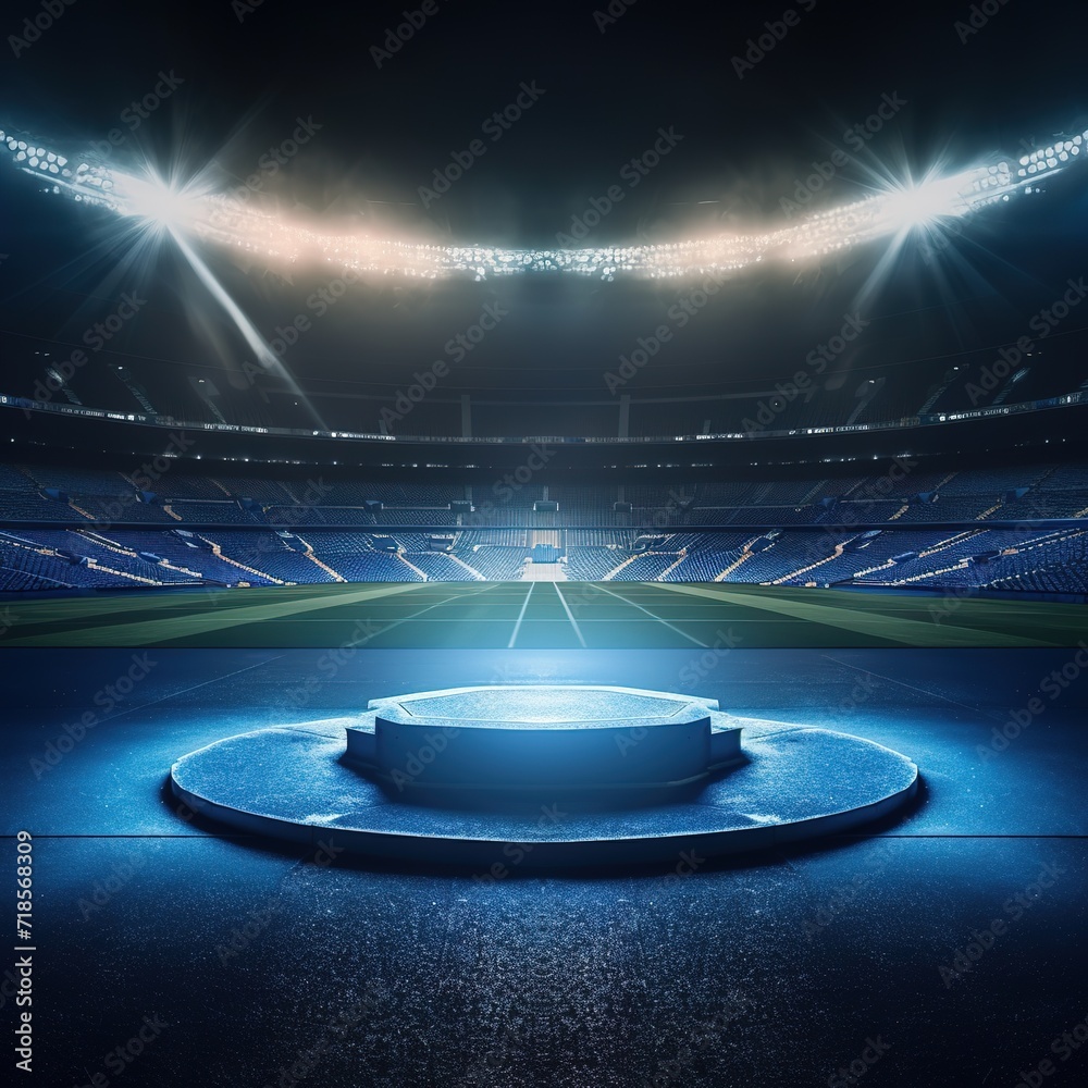 podium in the center of a stadium, surrounded by rows of empty seats ...
