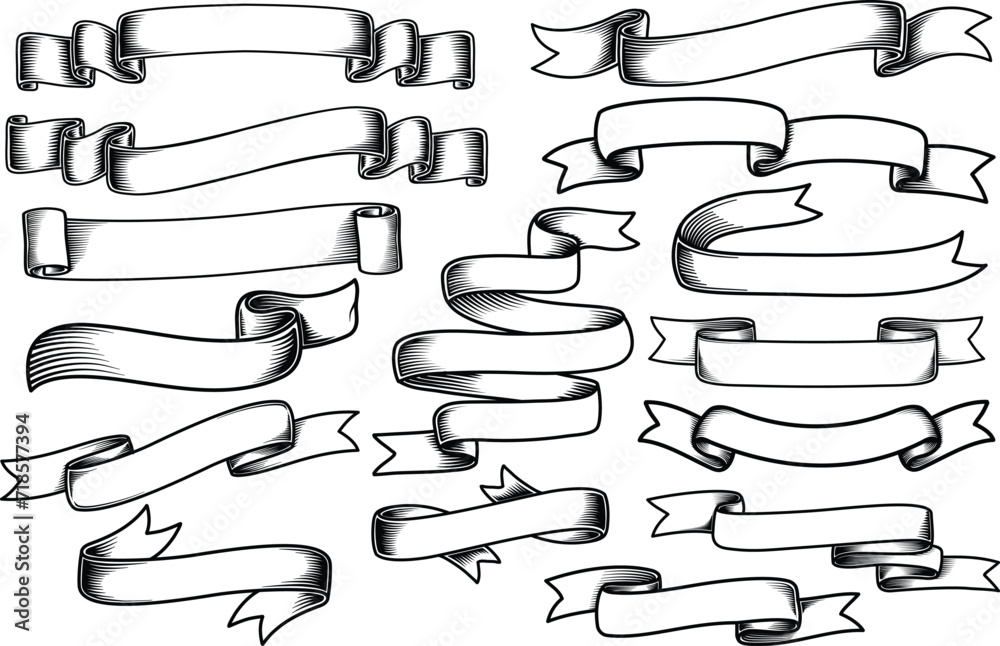 Set of hand drawn ribbons banner engraving isolated on transparent ...