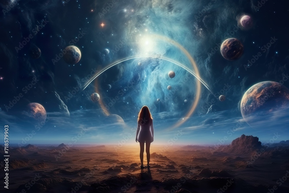 Sci-fi style rear view of a girl standing on an alien planet looking at ...