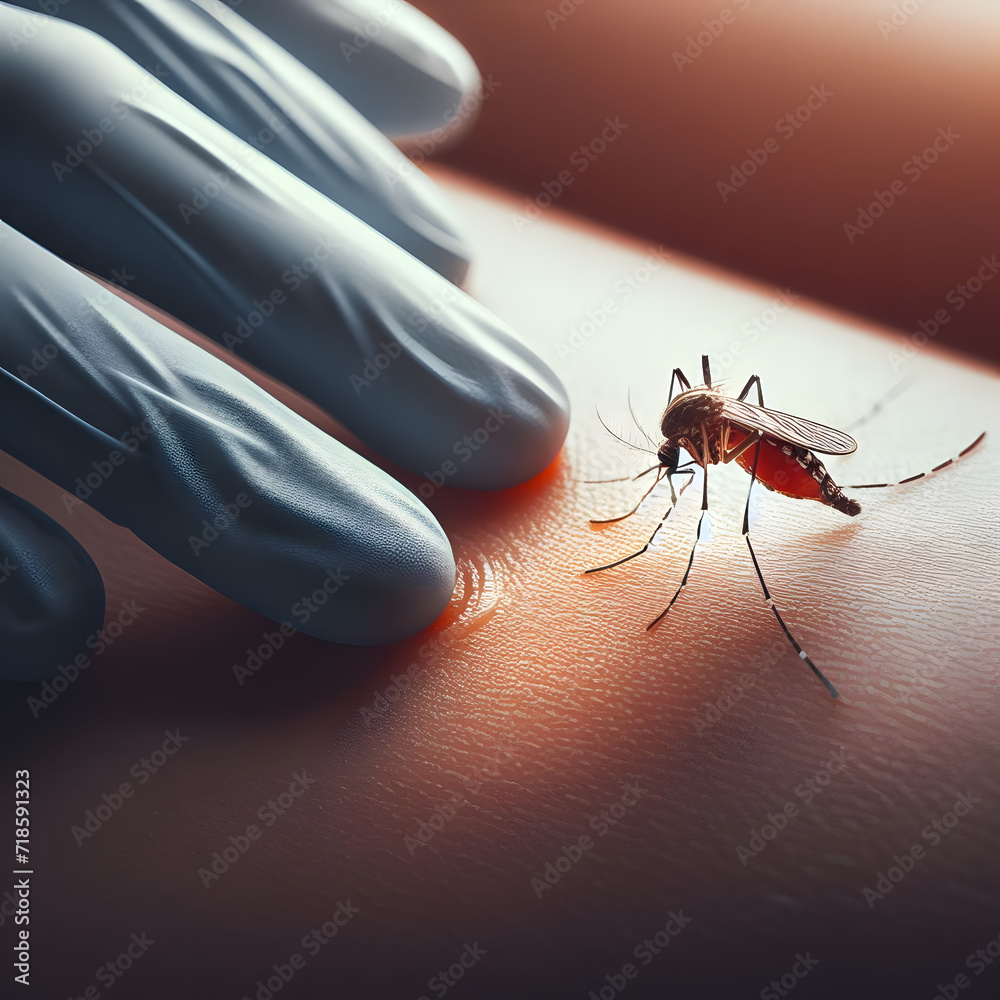 Mosquito sits on human skin. Pain, danger of infection. Sick girl ...