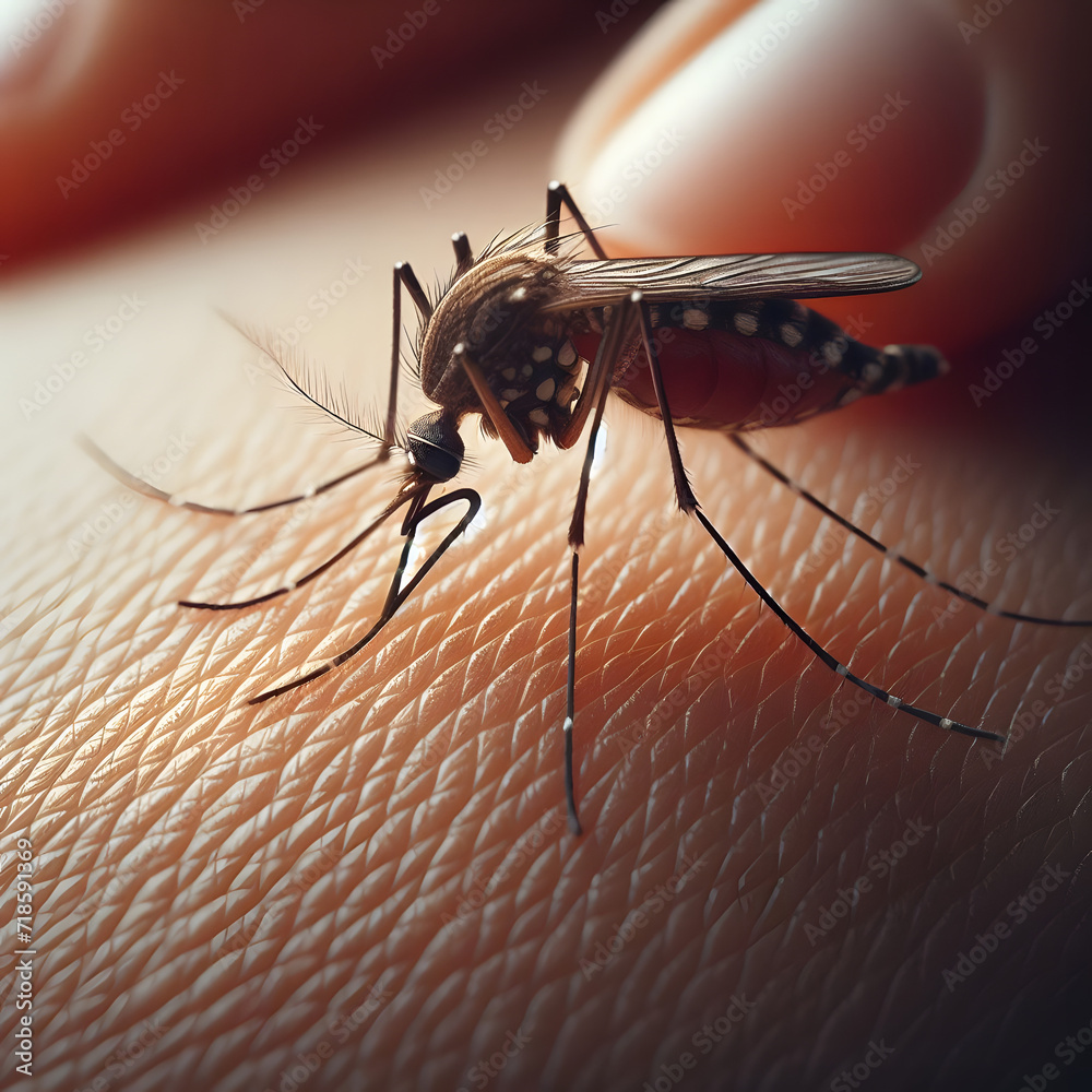 Mosquito sits on human skin. Pain, danger of infection. Sick girl ...