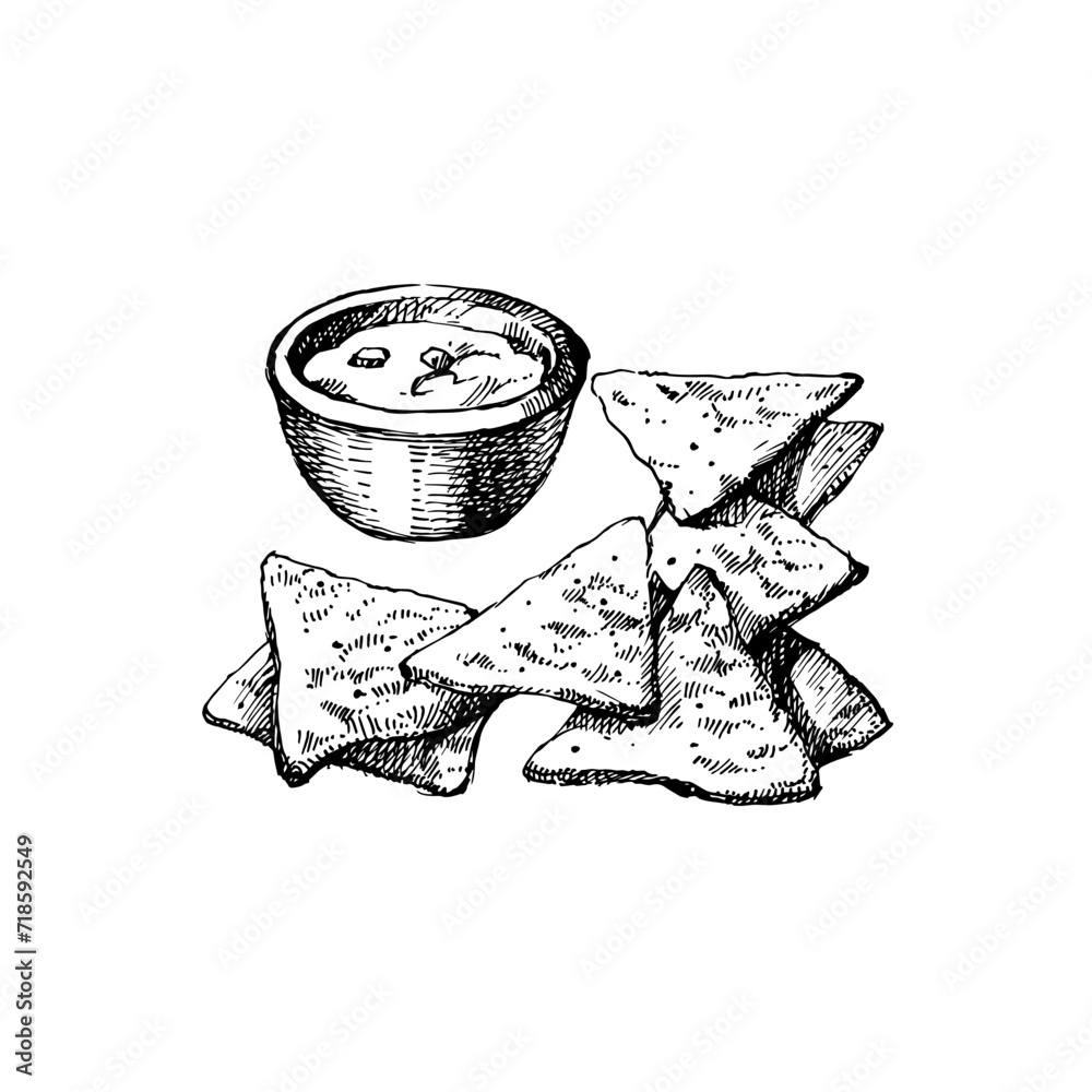 Mexican traditional food background with nachos. Hand drawn sketch ...