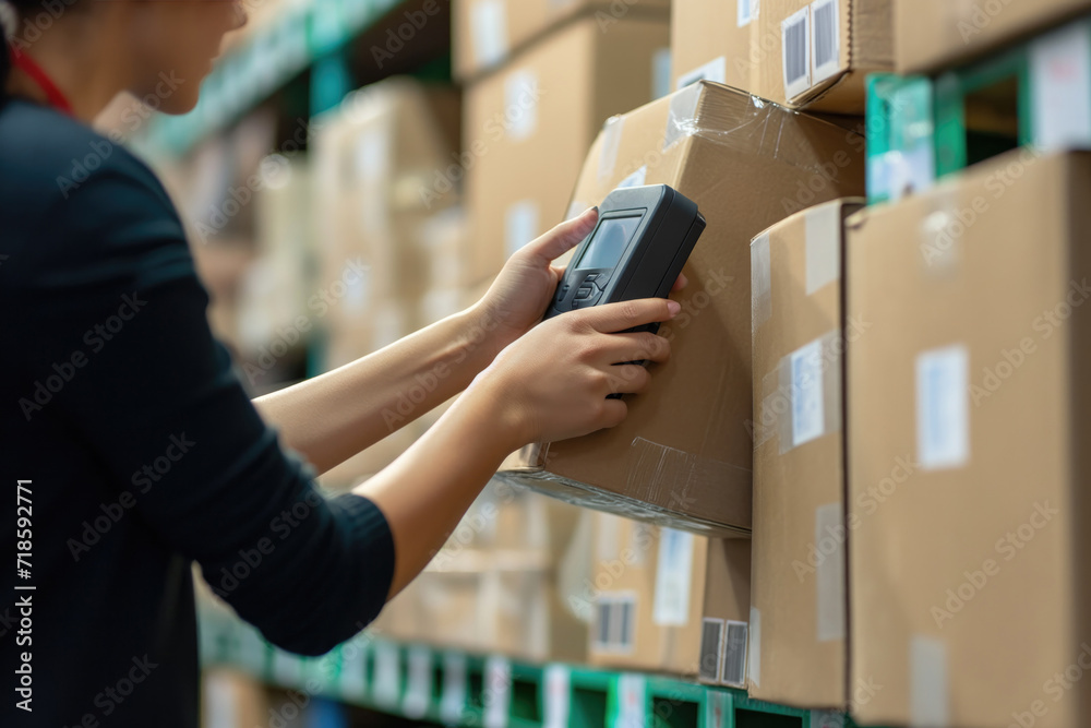Cropped woman hands and scan box in logistics for inventory check using ...