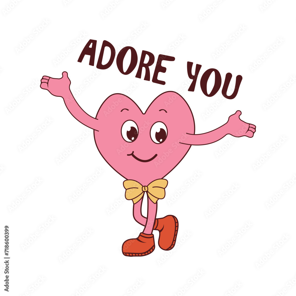 Vintage characters and elements with 70s hippie style set. Cute ...