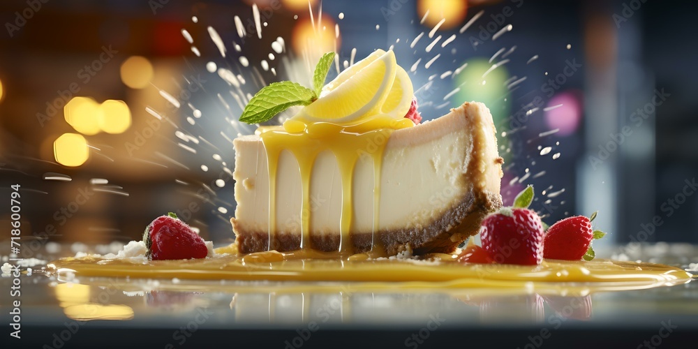 Delicious cheesecake slice topped with lemon cream. vibrant dessert ...