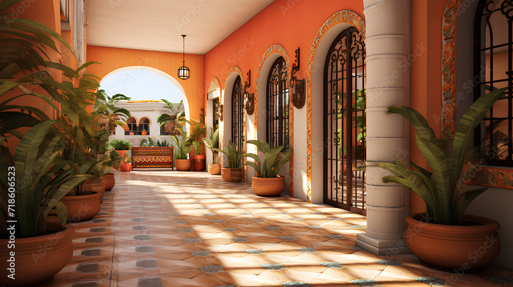 Mexican corridor architecture, featuring the iconic peach-colored walls ...