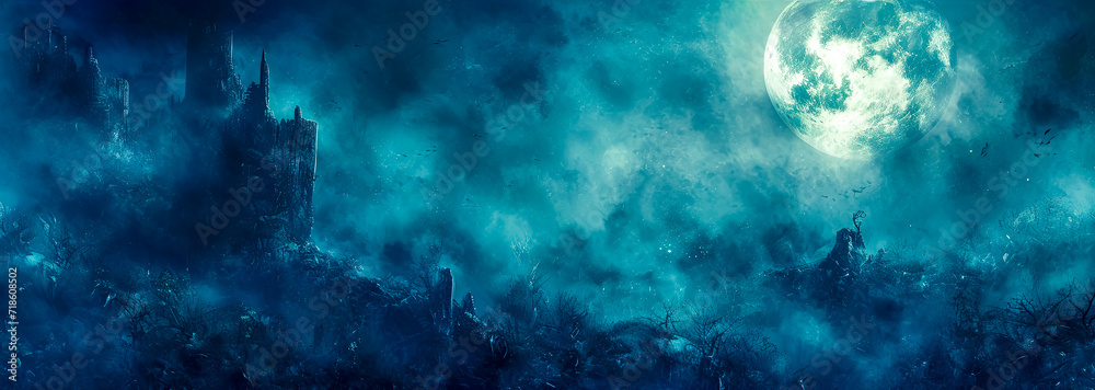 An eerie dark fantasy landscape bathed in a ghostly blue light, with ...