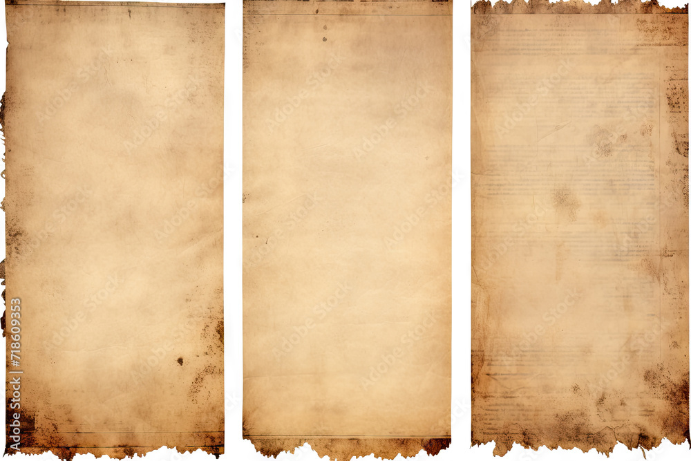 collection of three stained grungy vintage / antique paper sheets with ...