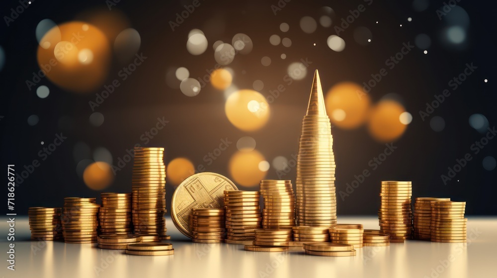 gold stack and flying coins with rocket performance for price increase ...