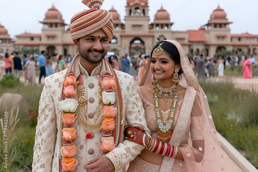 Elegant Indian wedding, bride and groom in traditional attire amidst a ...