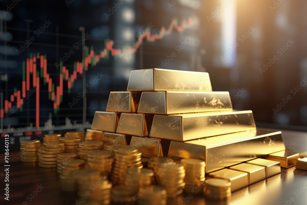 Stacked gold bars, golden coins, stock exchange ambiance, and dynamic stock charts a visual ...
