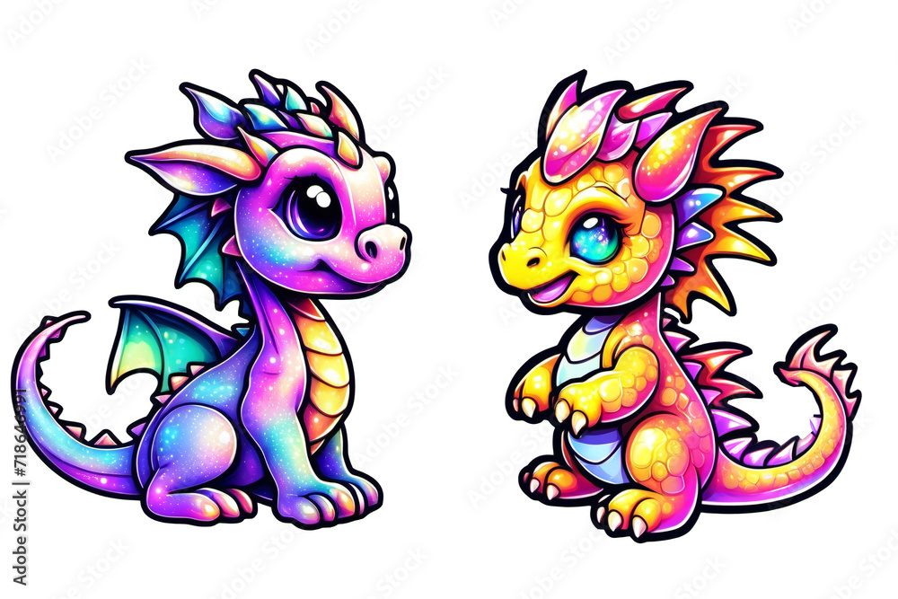colorful cartoon cute dragon. holographic sticker on a transparent ...