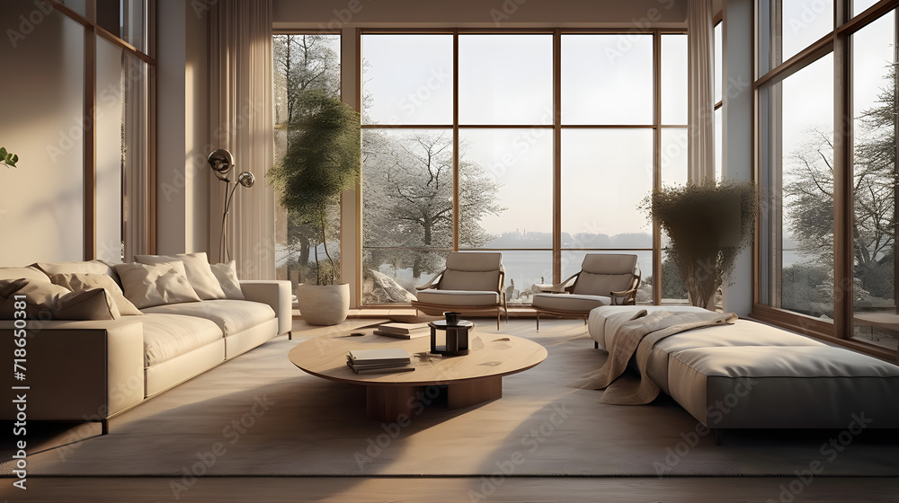 Living room interior. Living room with huge, broad windows that provide ...