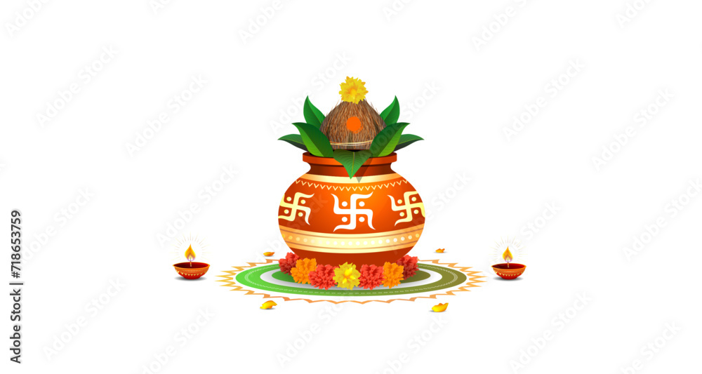 Vector illustration of Kalash puja. Kalash sthapana for Navratri, Ram ...