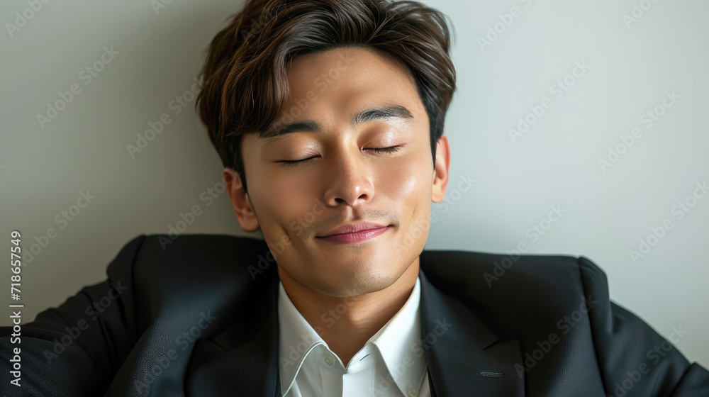 Young, ambitious, business man, black suit, happy face, close eyes. He ...
