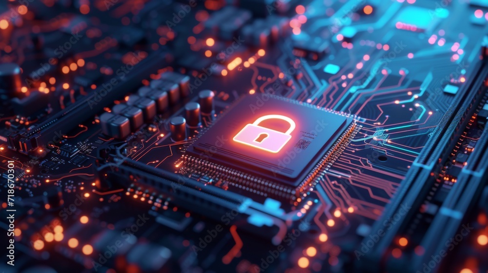 cybersecurity concept with a motherboard closeup, featuring a safety ...