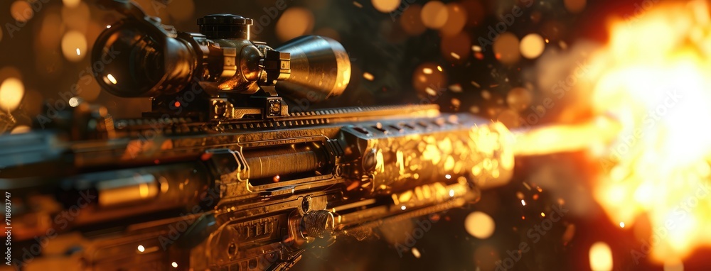 An intense image featuring a powerful gun with flames erupting from its ...