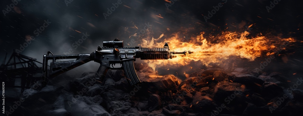 An intense image featuring a powerful gun with flames erupting from its ...