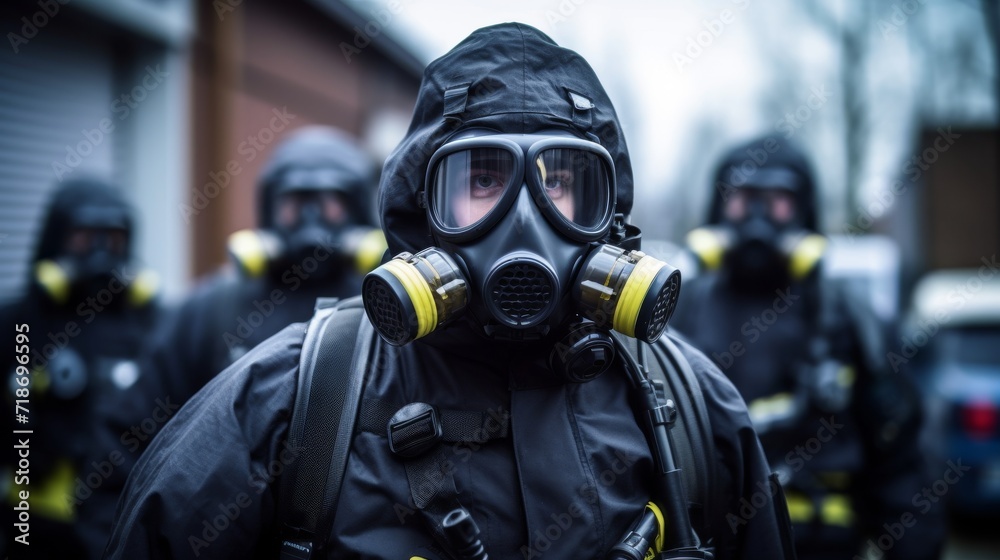Gas mask-wearing officers assess a chemical leak in an industrial ...