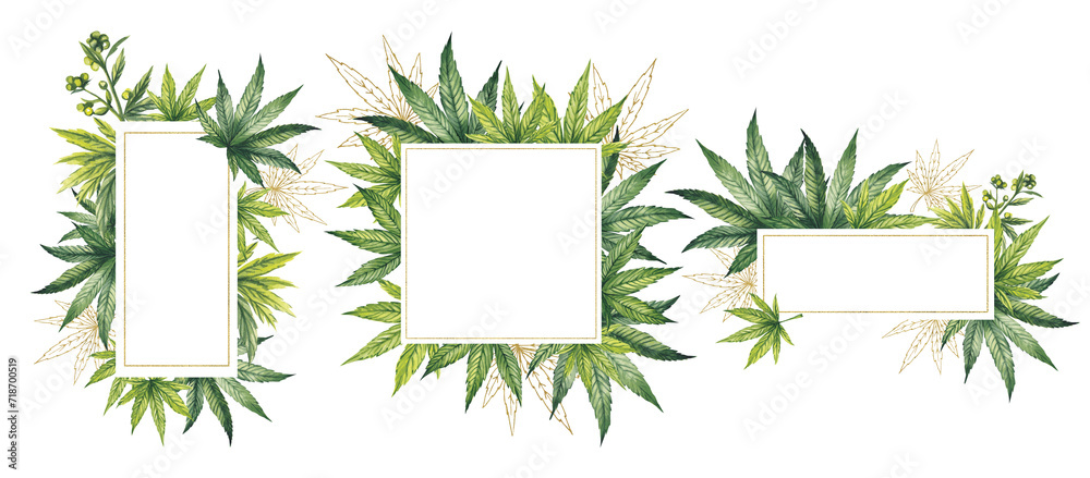 Set with watercolor frames made of green and gold cannabis leaves ...