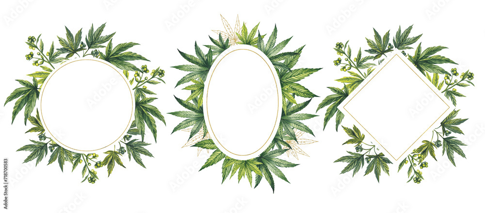 Set with watercolor frames made of green and gold cannabis leaves and ...