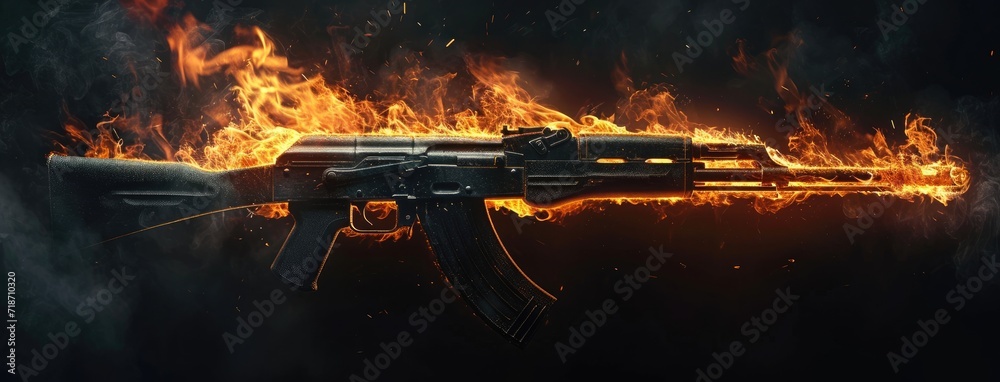 The dramatic scene of a formidable firearm discharging, with flames ...
