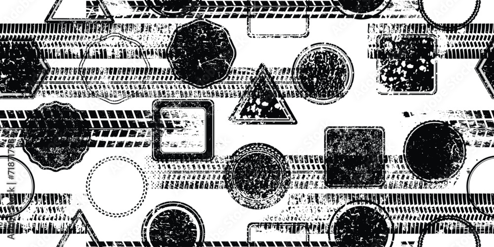 Tire track seamless and stamps pattern. Grange tread marks .Grunge ...