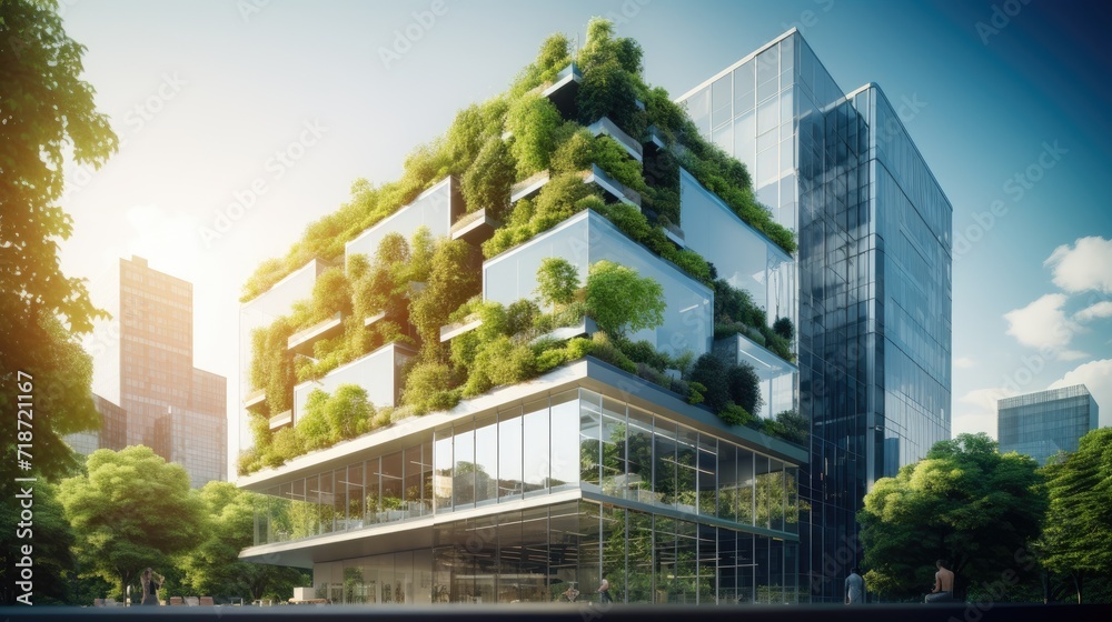 Eco-friendly green office building, modern style, sustainable glass ...