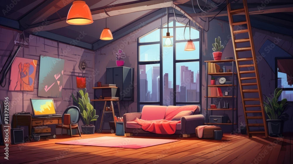 Loft flat living room interior illustration in cartoon style. Bright ...
