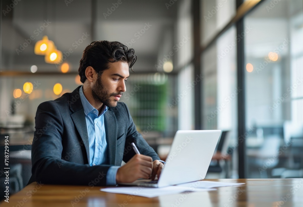 Foto de Busy young latin businessman working in office using laptop ...