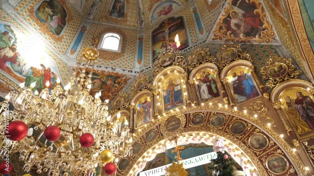 The interior of the church is decorated for Christmas. Church ...