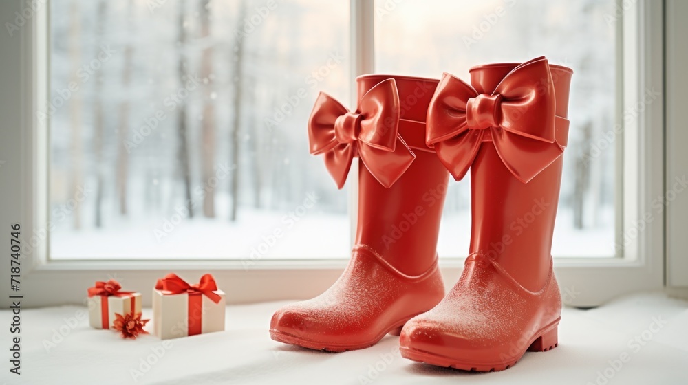 red Rubber boots with bows. The trend for bows in 2024. Shoes with bows ...