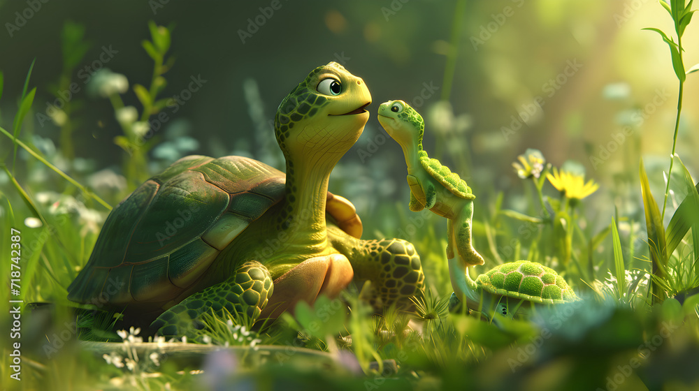 cartoon style: A heartwarming scene of a wise old turtle Stock ...