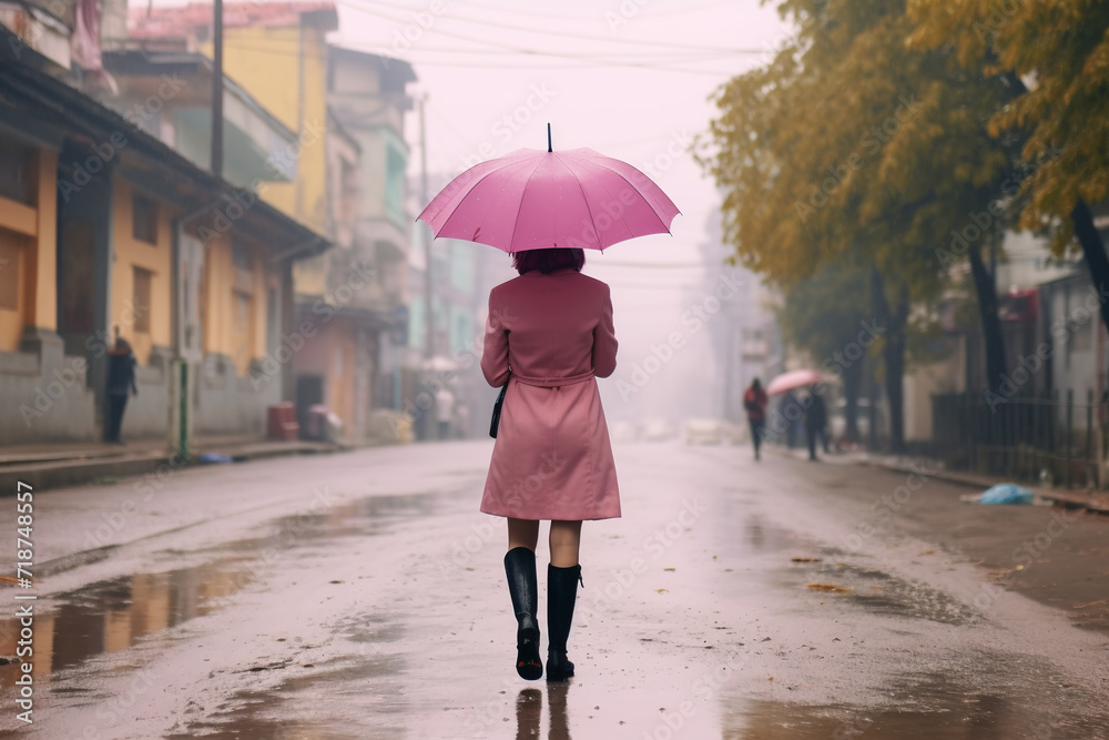 Rainy day in the city. A girl in a pink raincoat with an umbrella walks ...
