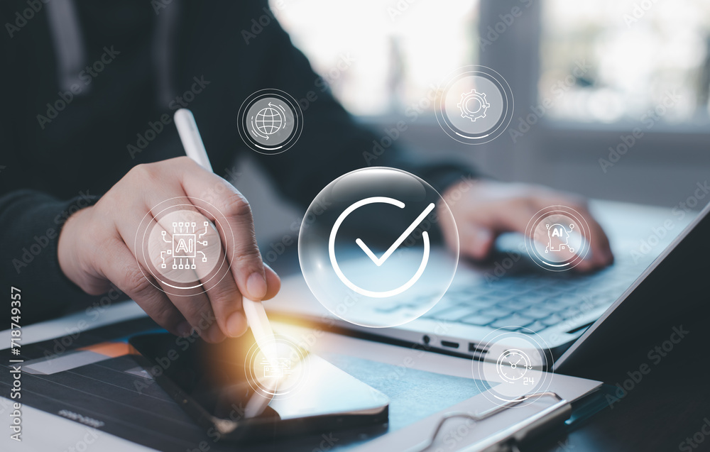 Programmer people working laptops or smartphones with AI, artificial ...