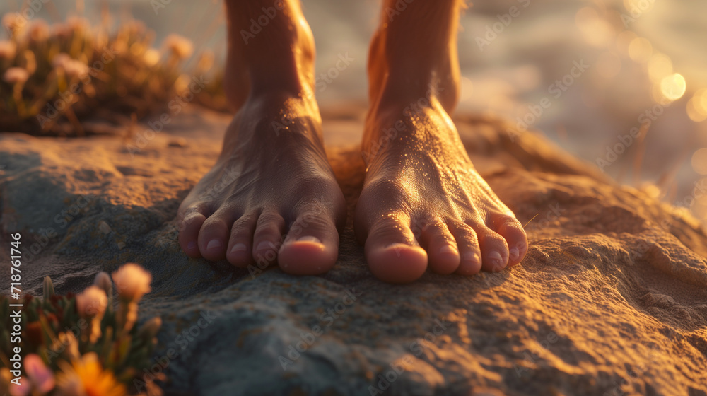 Barefoot veins trace earth's wisdom, gaze meets boundless horizon ...