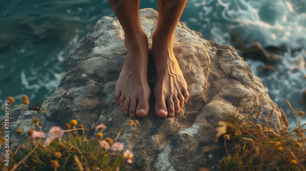 Barefoot veins trace earth's wisdom, gaze meets boundless horizon ...