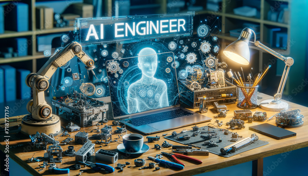 Scene depicting an AI engineer's desk cluttered with robotic parts ...