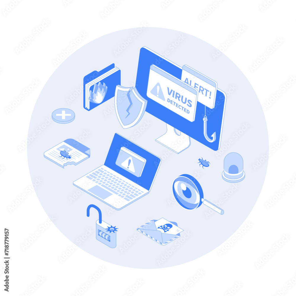 Computer Viruses. Errors detected, alert messages, bugs, open lock, infected files, broken ...