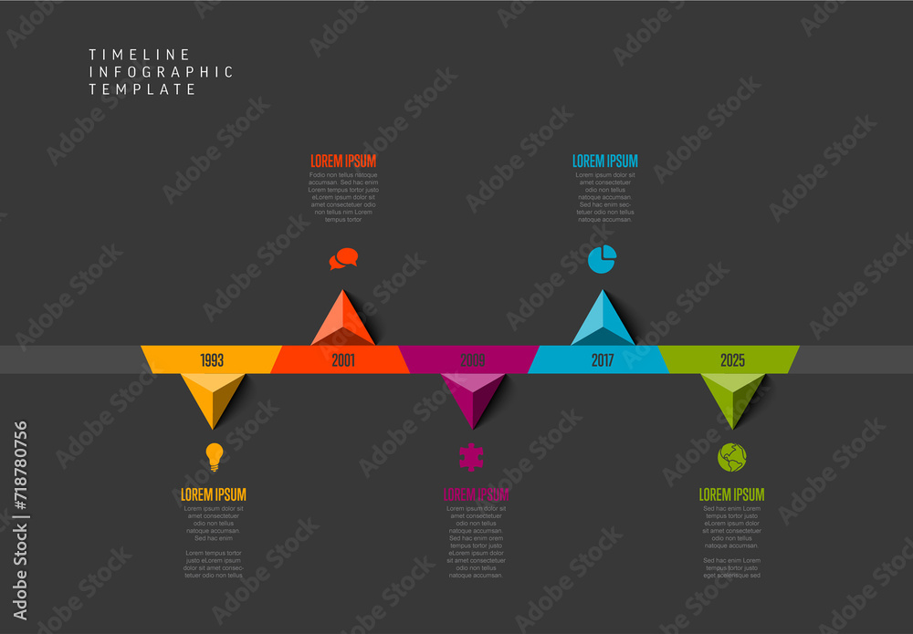Dark infographic timeline template with up and down triangle arrows on ...