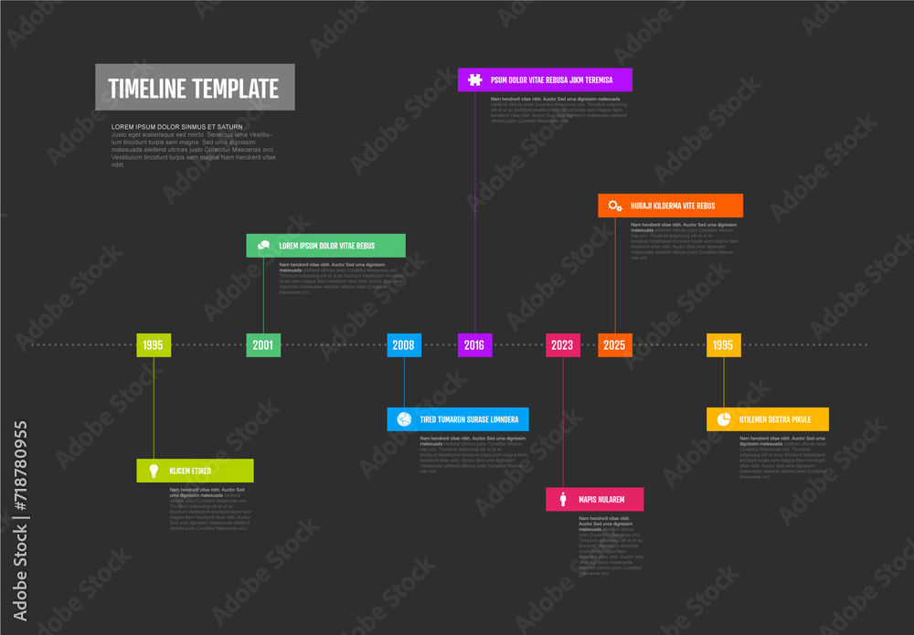 Infographic dark timeline template with horizontal dotted time line and ...