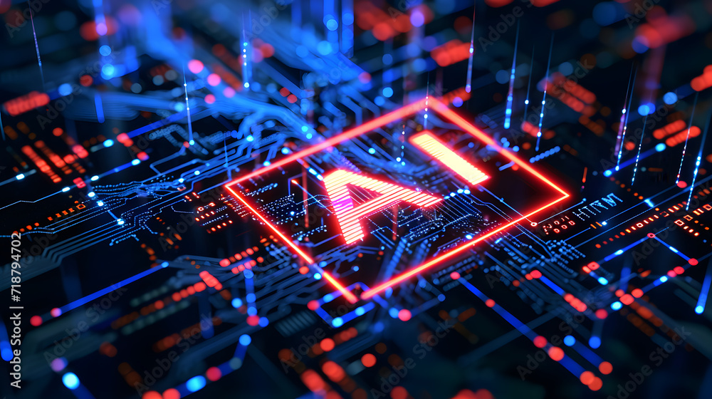 Motherboard with a lot of parts with lights and CPU on it. The letters ...