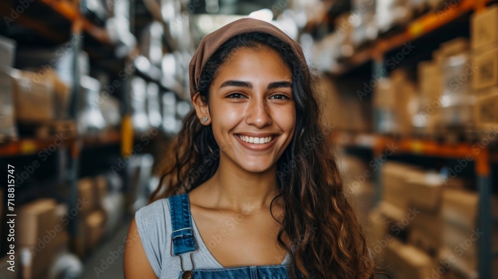 girl warehouse worker smiling, standing in an aisle with boxes in front ...
