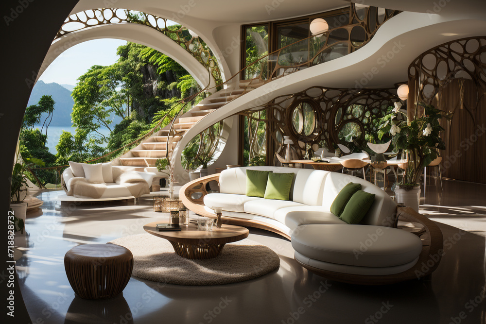 Beautiful modern Futuristic bionic forms architecture. Indoor space ...