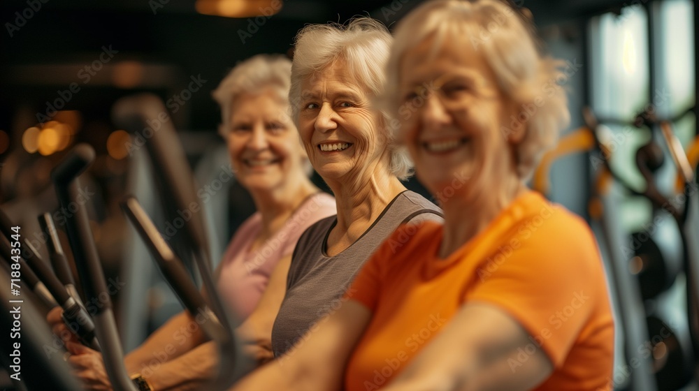 Happy older women in group fitness classes on treadmills, in sports ...